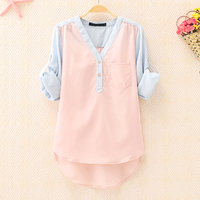 Mixed Color Chiffon V Neck Shirt For Women on Luulla